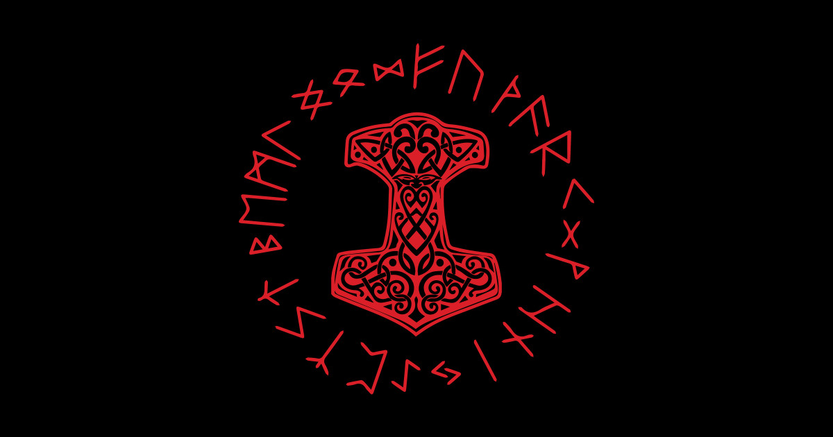 Red Viking Mjolnir and Norse Rune Wheel - Asatru - Pin | TeePublic