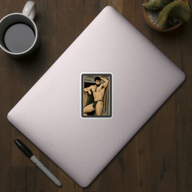 Impressionist style man in a packed jock - Gay Art - Sticker | TeePublic