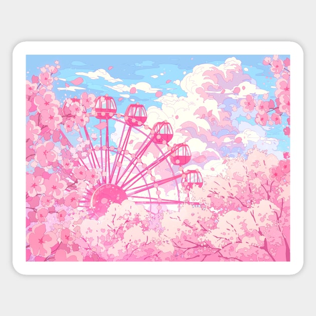 The Ferris Wheel,clouds and pink cherry blossom - Pink - Sticker ...