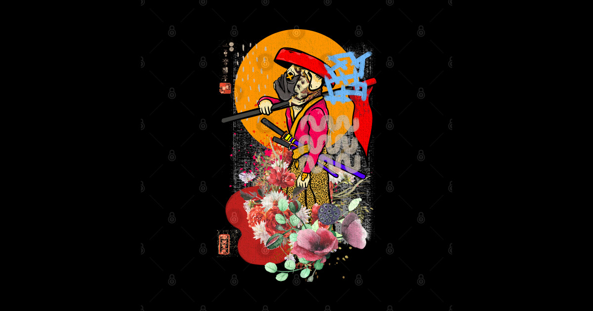 dog samurai monk with sword and spears - Dogs Art - Sticker | TeePublic