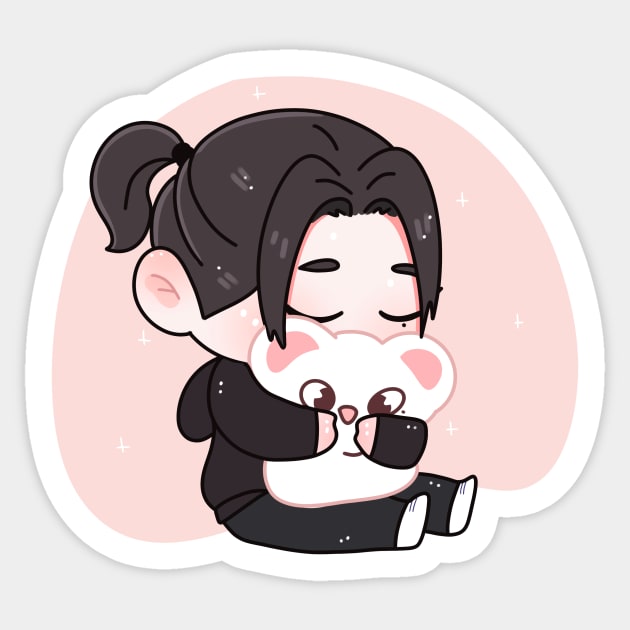 chibi hugging something