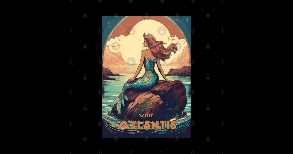 Atlantis Mermaid Retro Travel Poster - Atlantis - Sticker | TeePublic