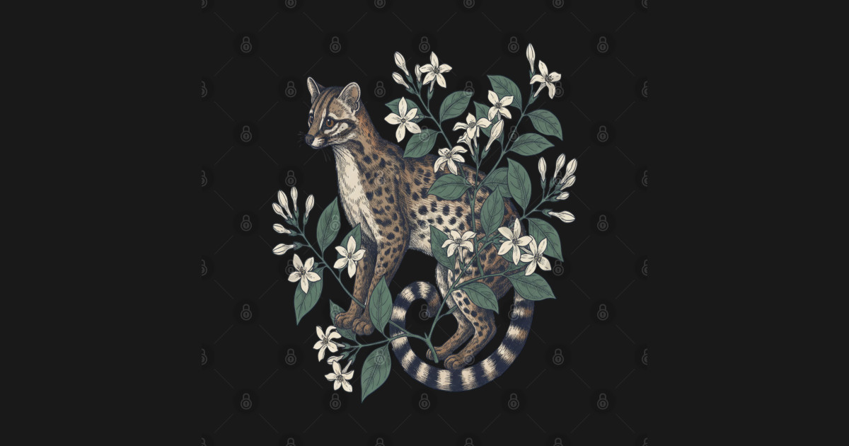 Civet Cat with Jasmine Flowers - Cat Lover - T-Shirt | TeePublic