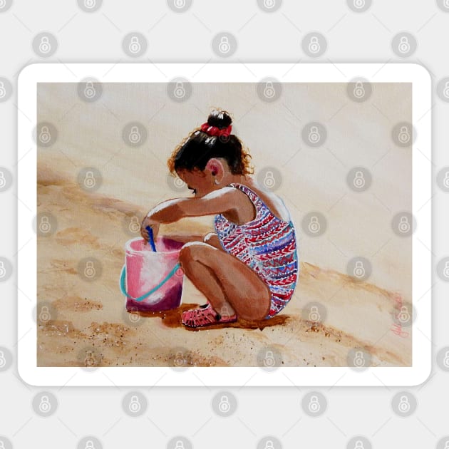 The Pink Sand Bucket - Child Playing On Beach - Sticker | TeePublic