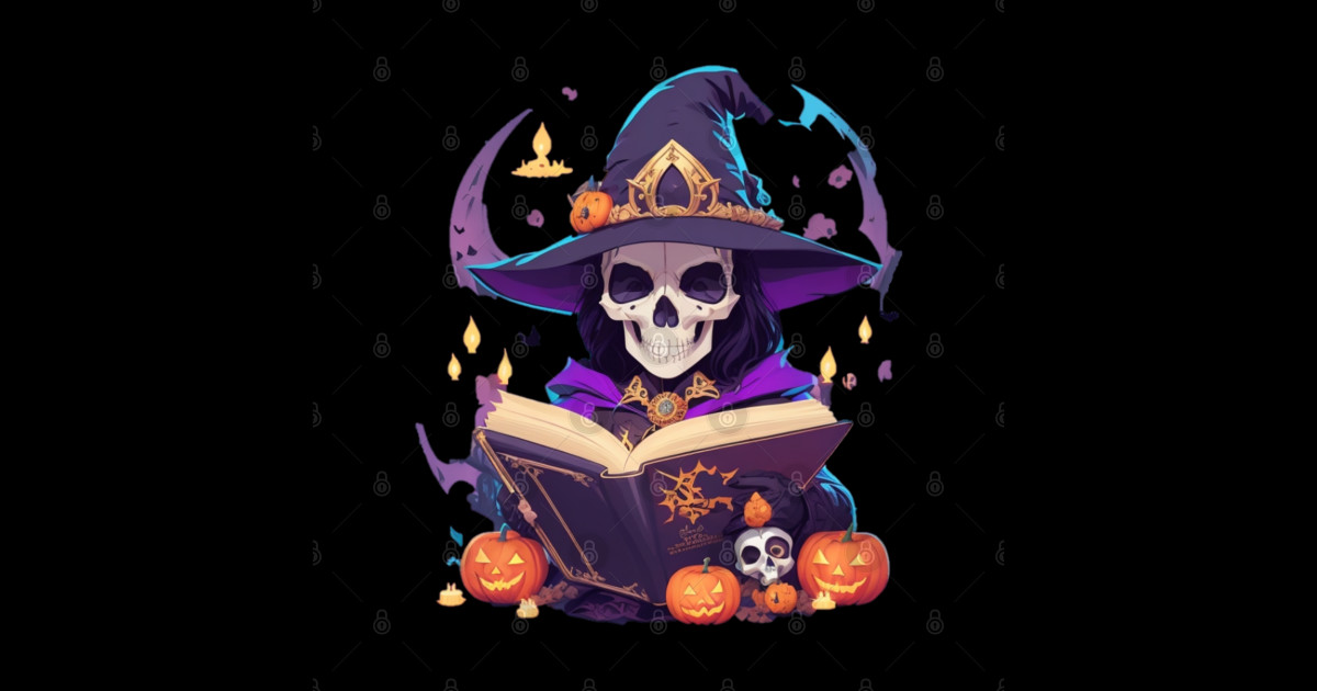 magical skeleton with magic book and pumpkins - Halloween - Sticker ...