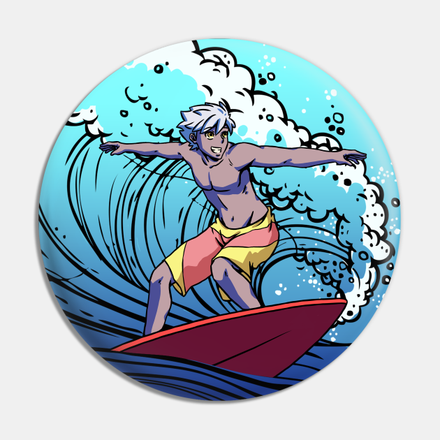 Surfer Anime Boy Surfboard Retro Wave Surfing - Surfer - Pin | TeePublic