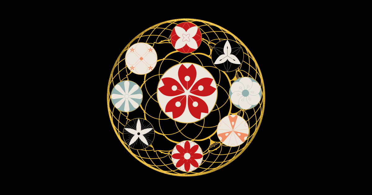 Japanese Holy Flowers in Golden Circle - Flowers - Sticker | TeePublic