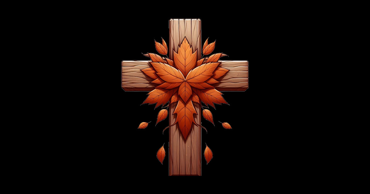 Christian Wooden Cross with Autumn Leaves - Wooden Cross - Sticker ...