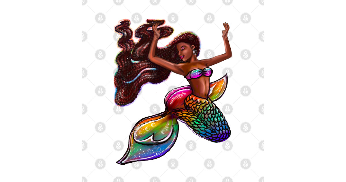 mermaid rainbow fins flowing red locs Afro hair and brown skin. African ...
