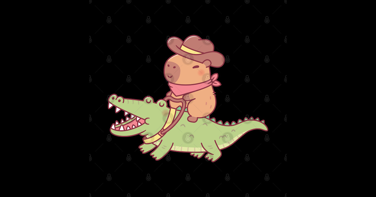 Cute Capybara Cowboy Riding A Crocodile Funny - Cute Capybara - Sticker ...
