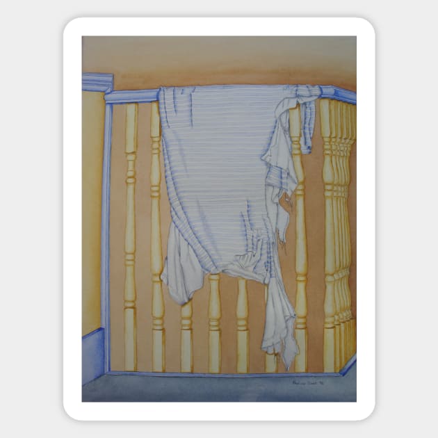 Humorous still life art of nightie the dog tore - Blue Banister Rail ...