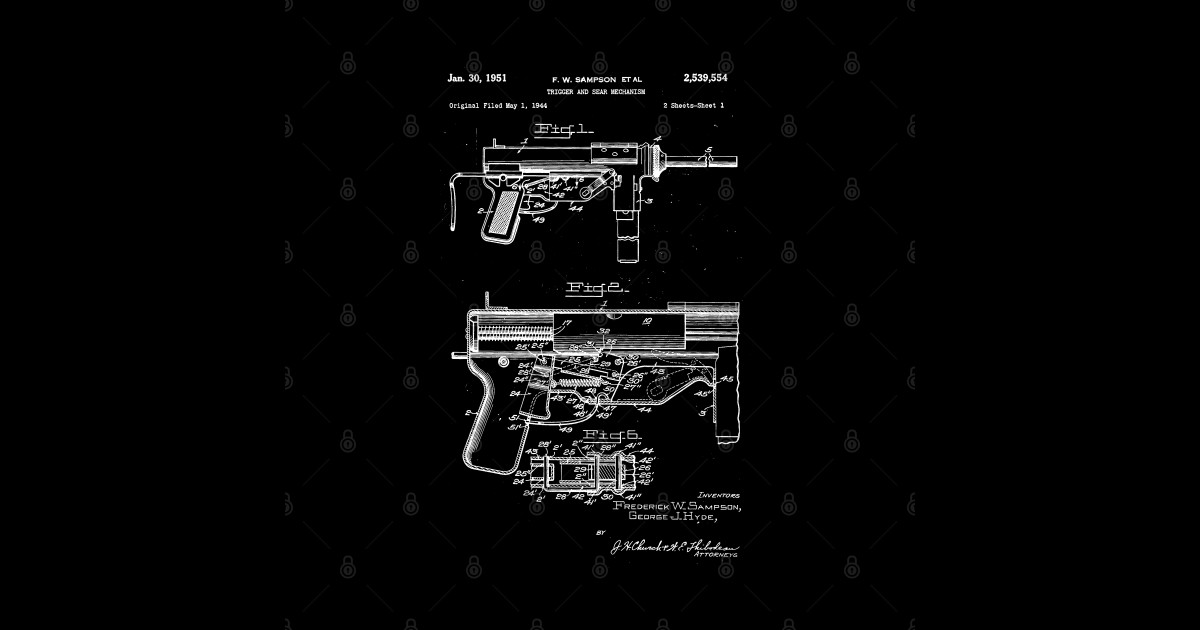 World War 2 Weapon Blueprint M3 Grease Gun - Submachine Gun - Sticker ...