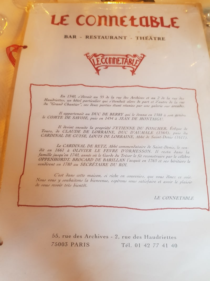 Restaurant Le Connétable à Paris - Menu, avis, prix et réservation ...
