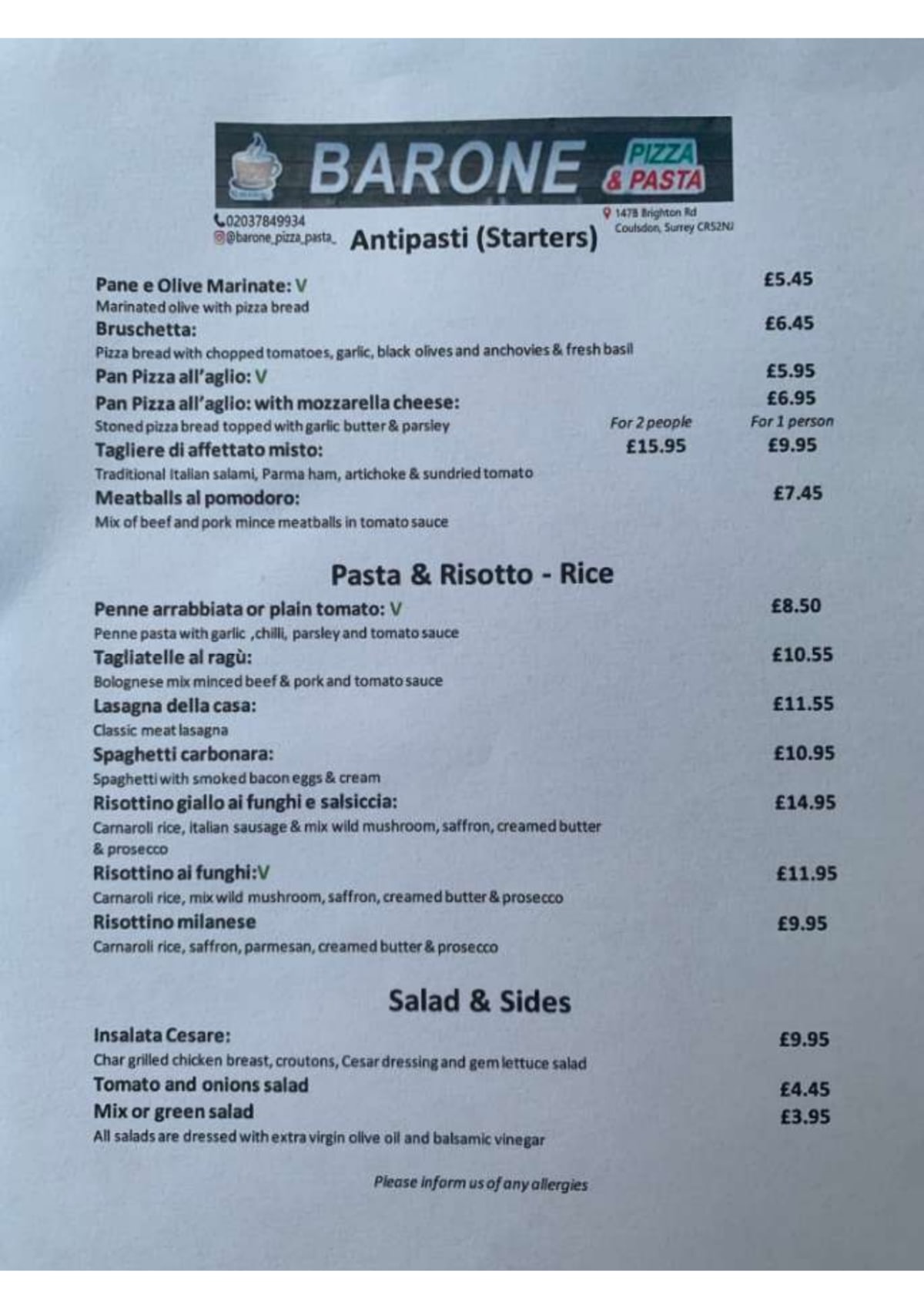 Menù completo e carta 2024 - Barone a Coulsdon | TheFork