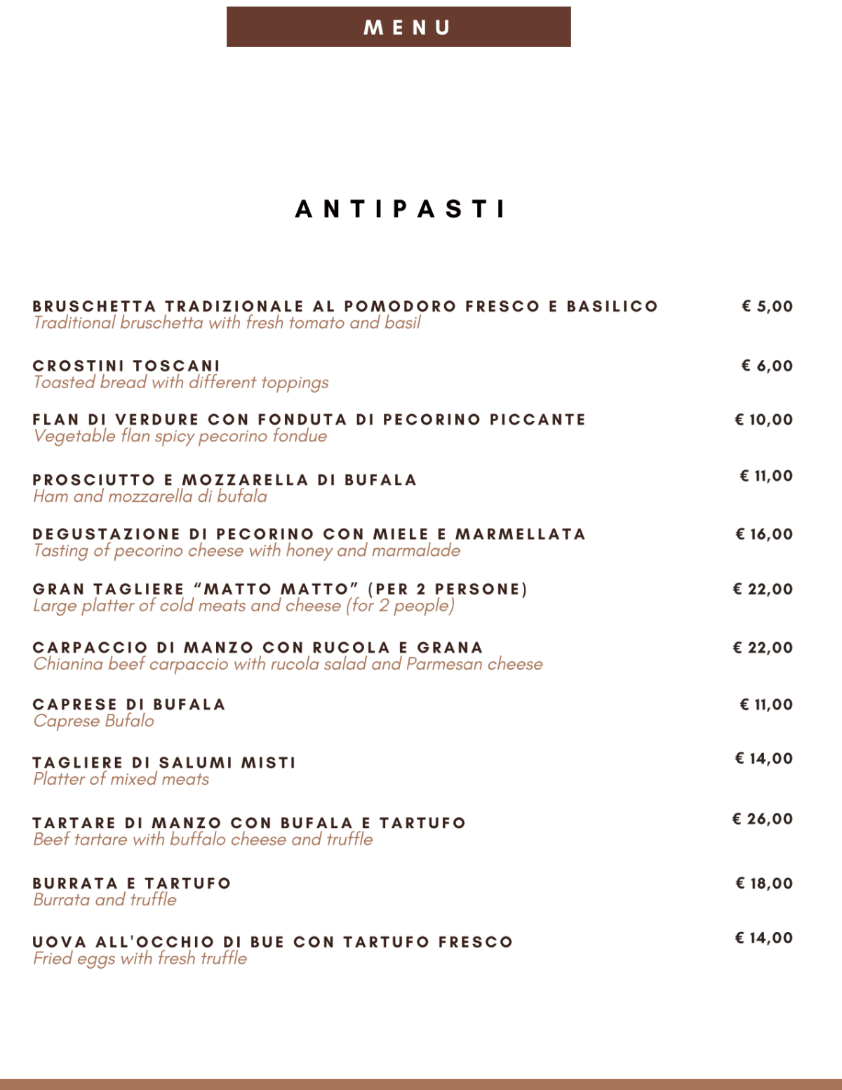 Carte et Menus 2024 - Matto Matto à Florence | TheFork