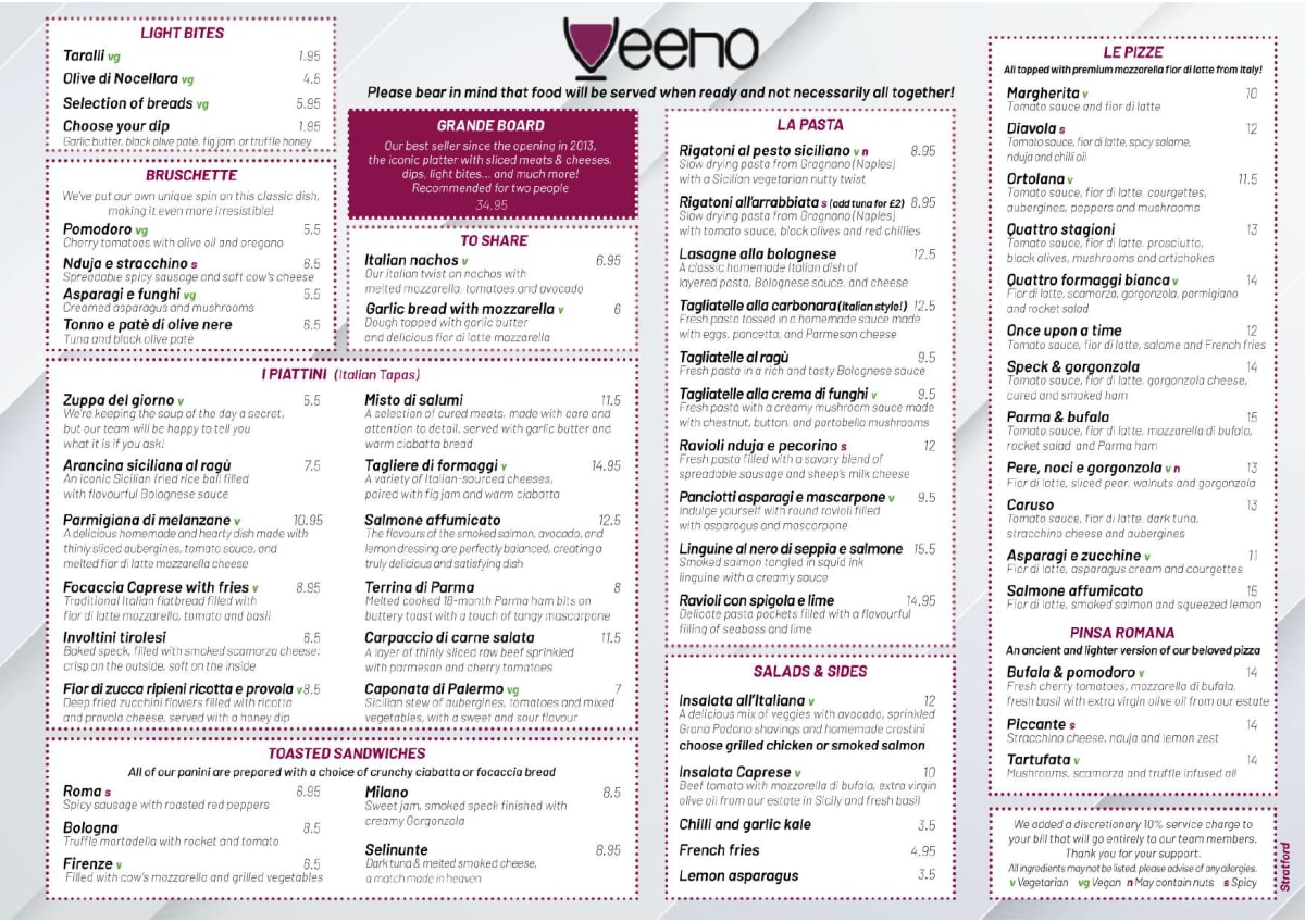 Menus 2024 - Veeno Stratford in Stratford-upon-Avon | TheFork