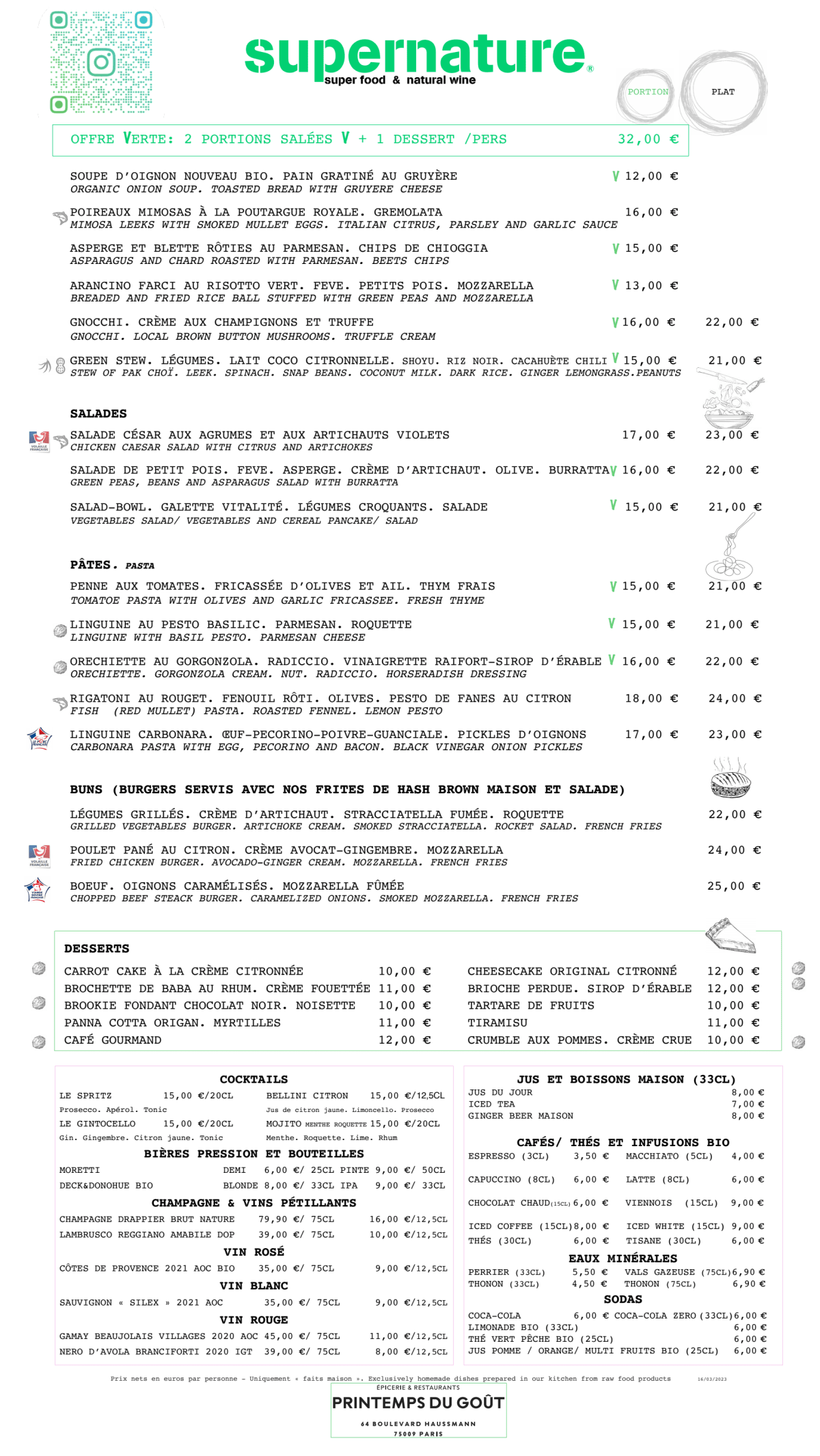 Carte et Menus 2023 - Supernature - Printemps à Paris | TheFork