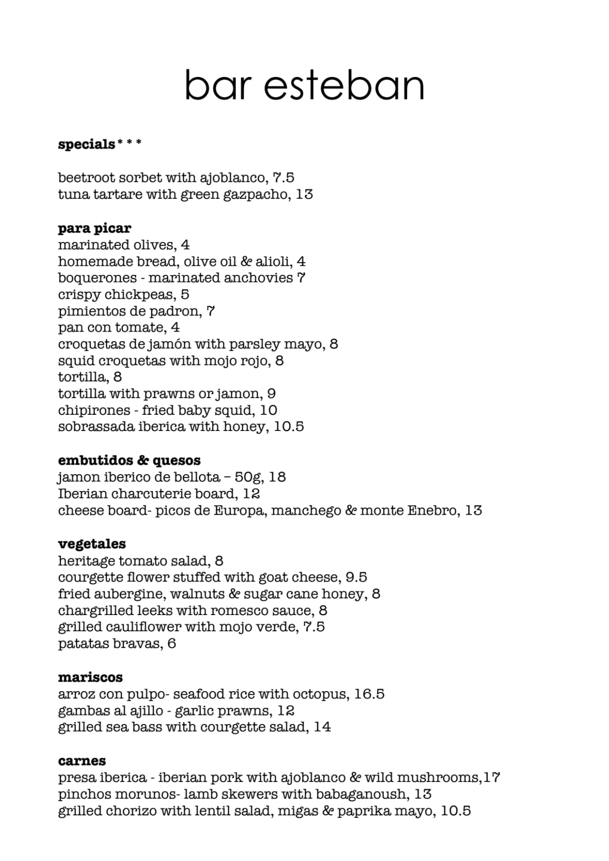 Menus 2024 - Bar Esteban in London | TheFork