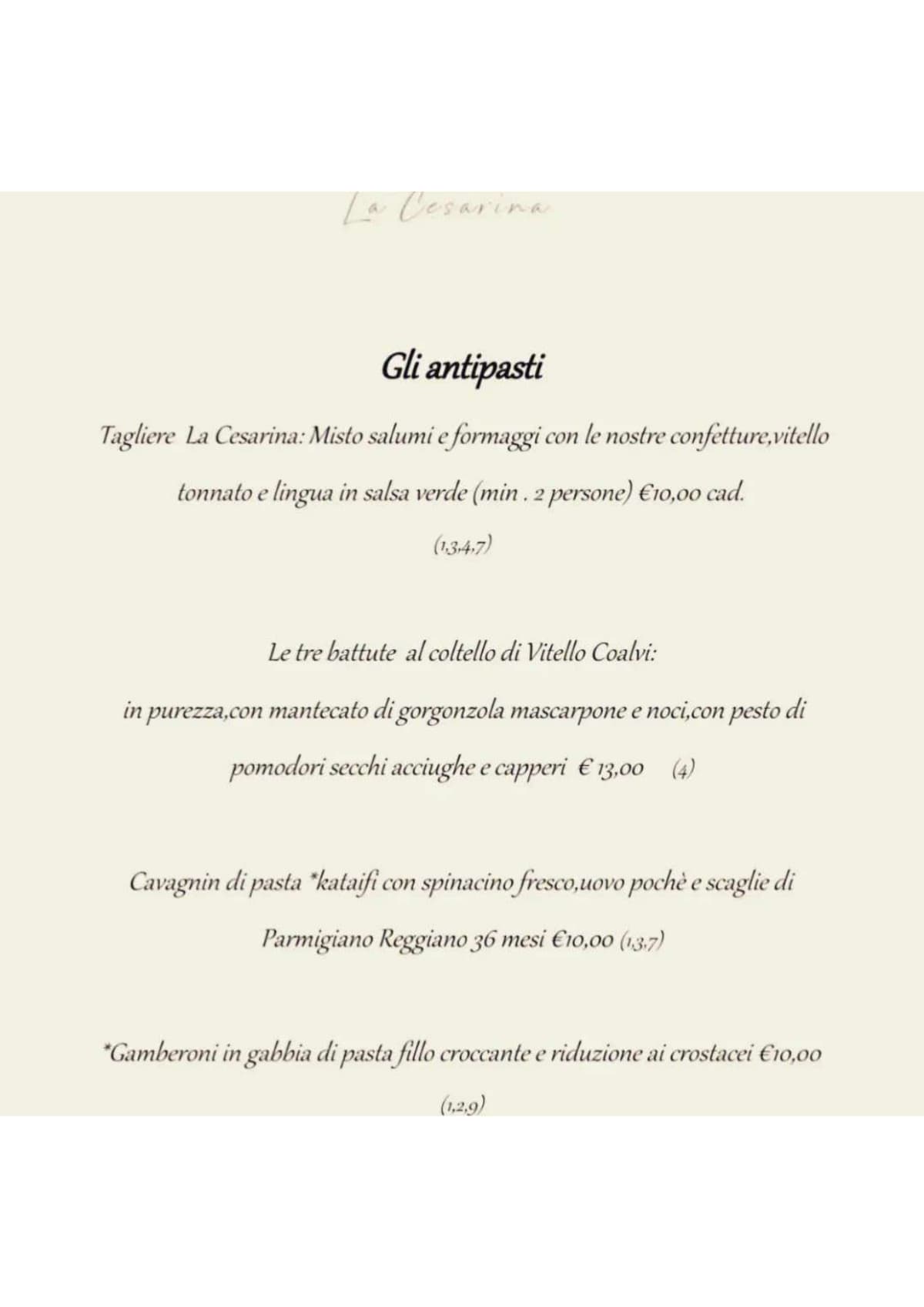 Carte et Menus 2023 - Osteria La Cesarina à Pasta | TheFork
