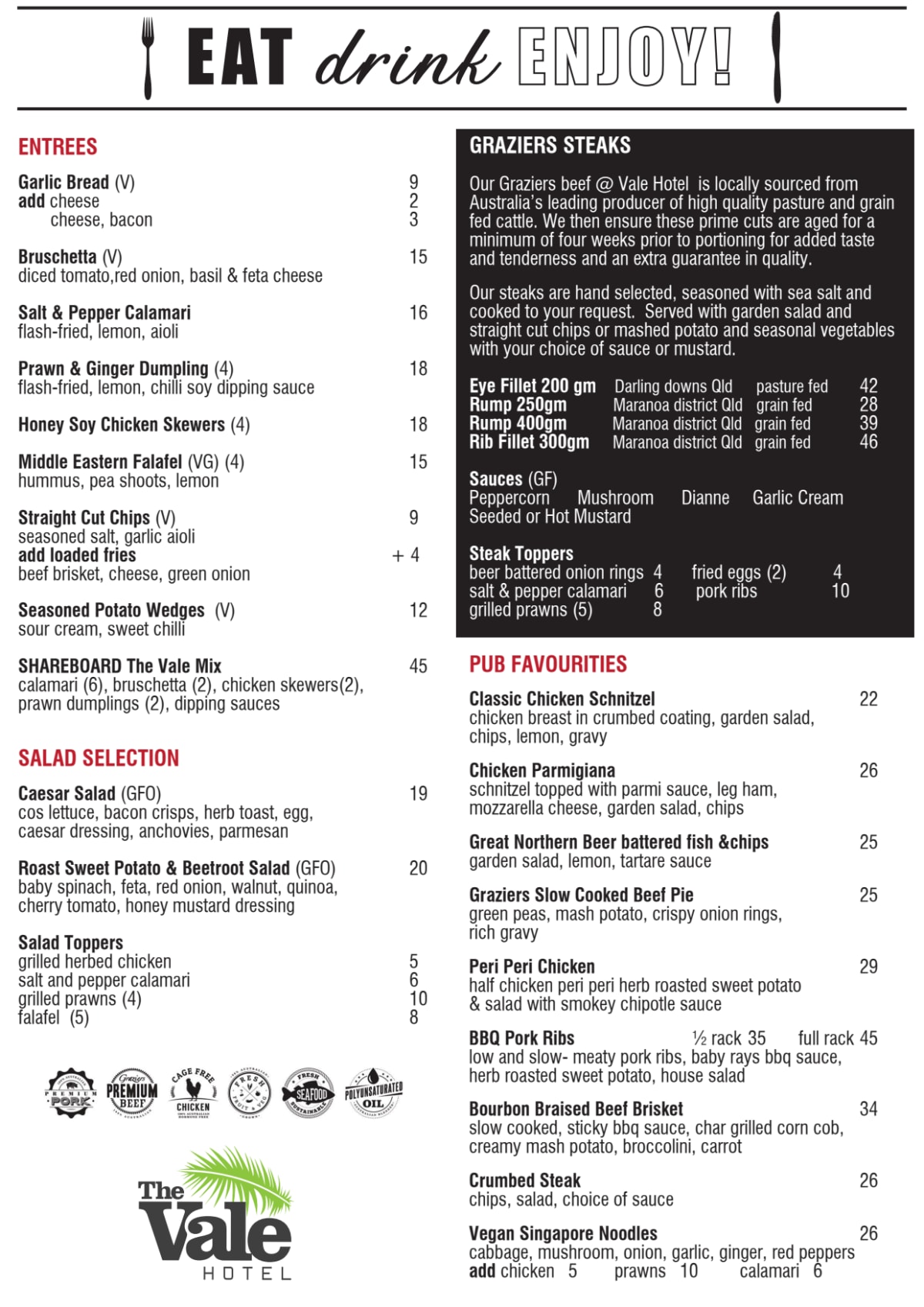 Carte et Menus 2024 - The Vale Hotel à Aitkenvale (QLD) | TheFork