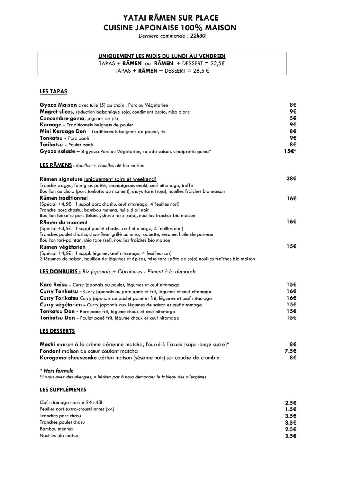 Menu 2024 - Yatai Ramen - Chateaudun in Paris | TheFork