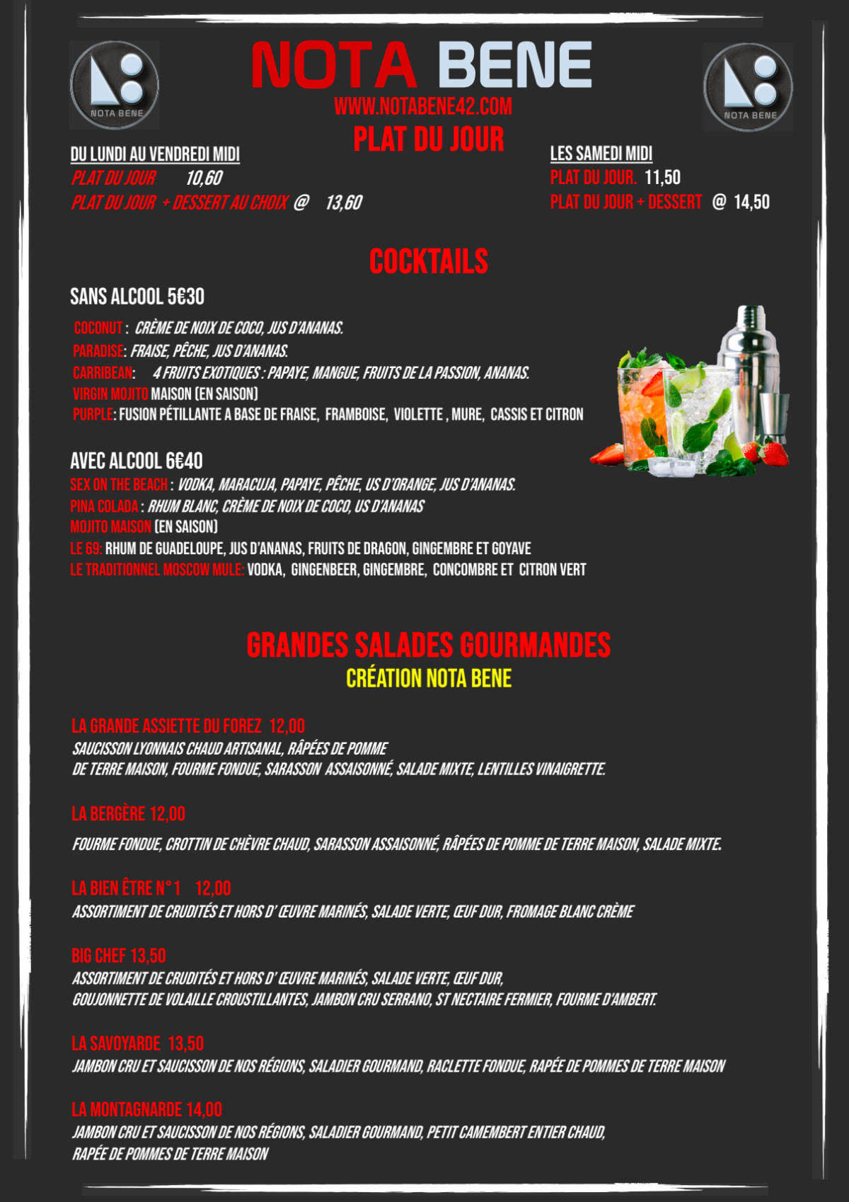 Carta y menù 2024 Actualizados - Nota Bene en Saint-Étienne | TheFork
