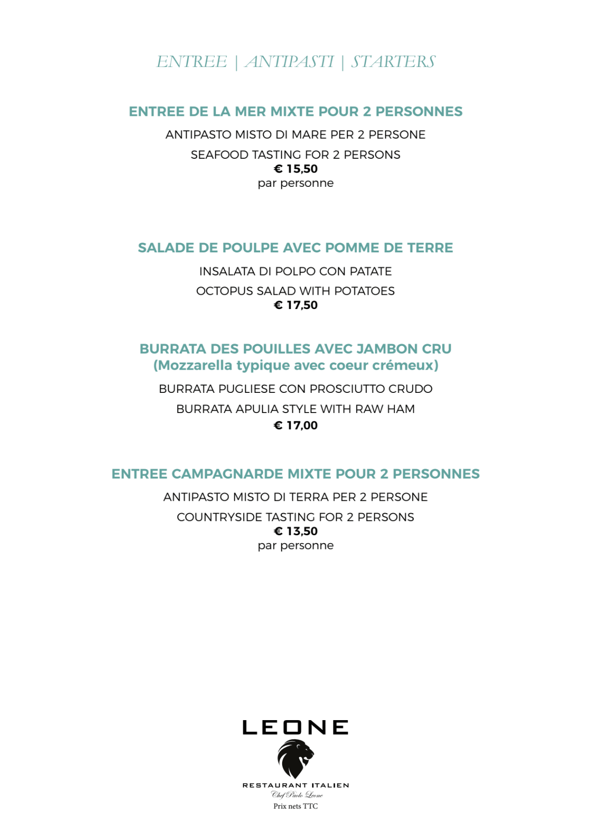 Menus 2024 - Leone in Menton | TheFork