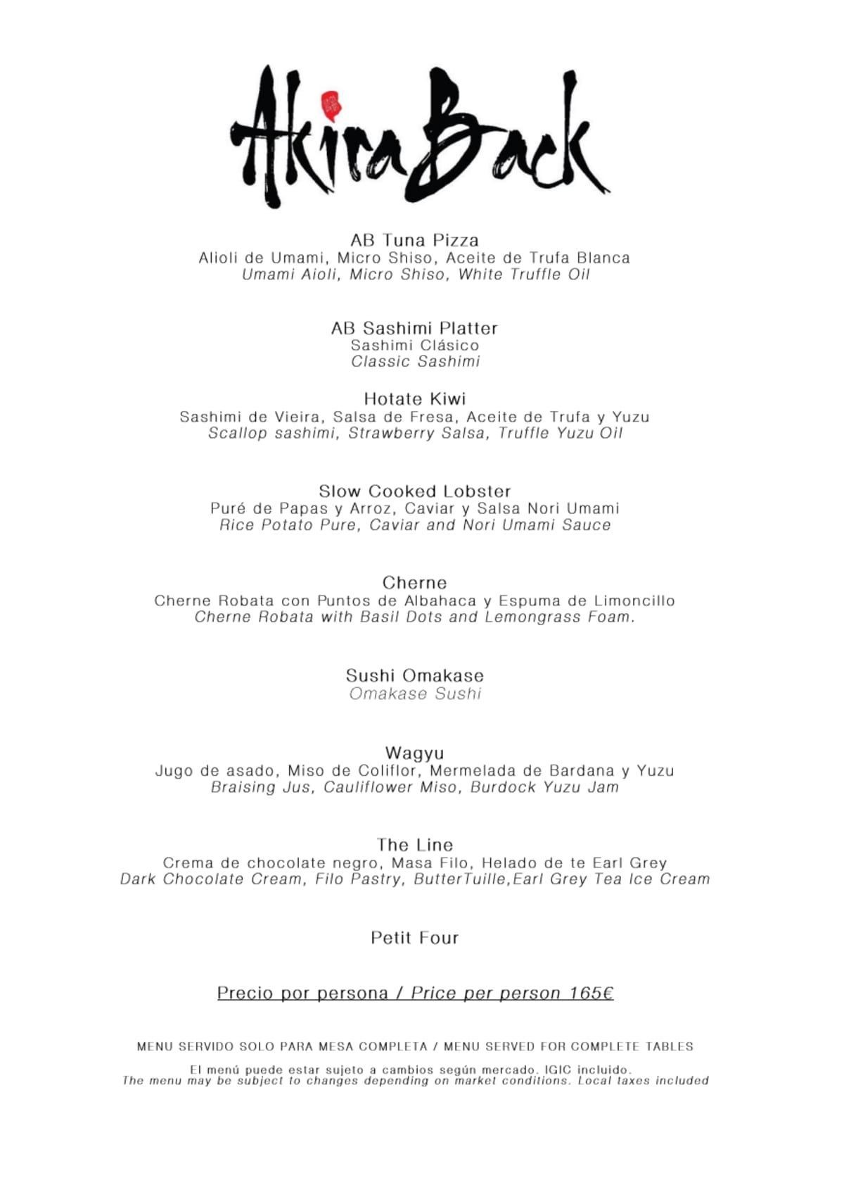 Menu 2024 - Akira Back Tenerife in Abama | TheFork