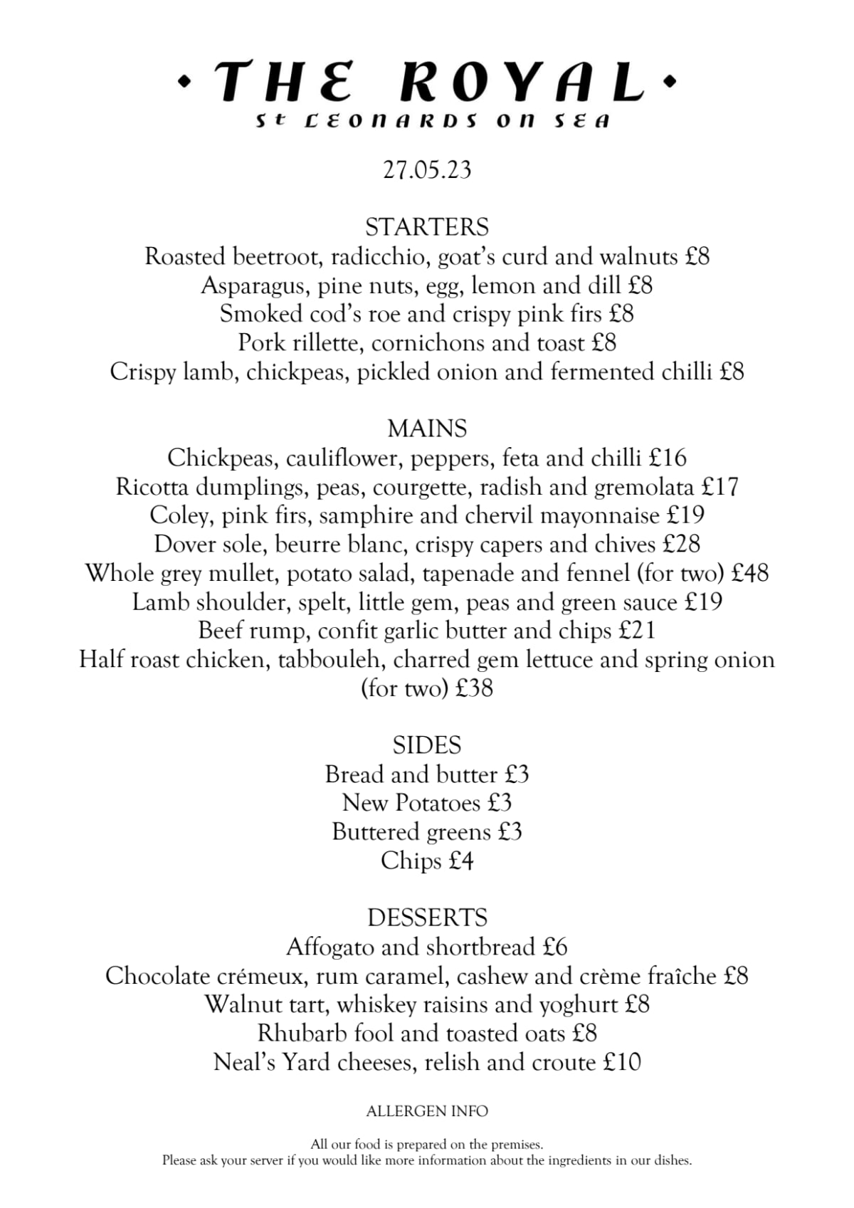 Carte et Menus 2023 - The Royal à Saint Leonards-on-sea | TheFork