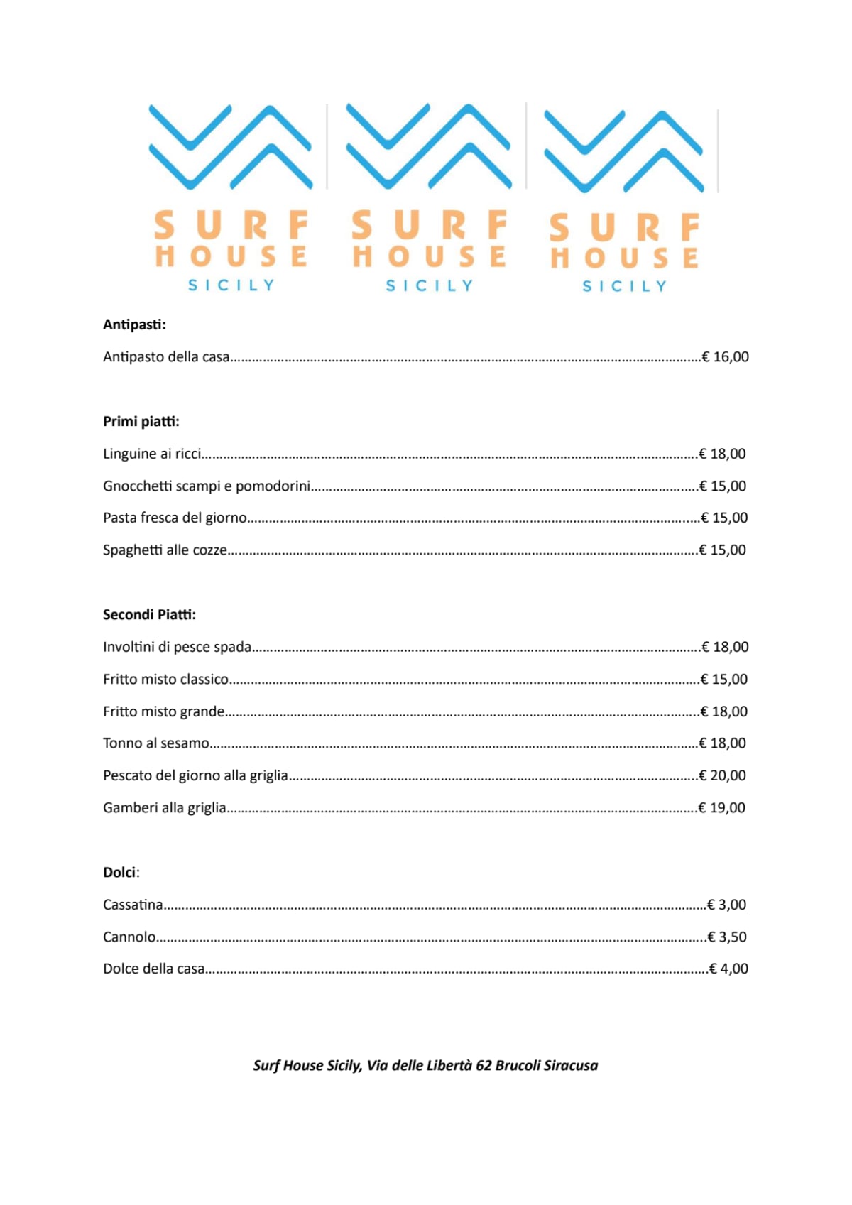 Menu 2024 - Surf House Sicily in Brucoli | TheFork