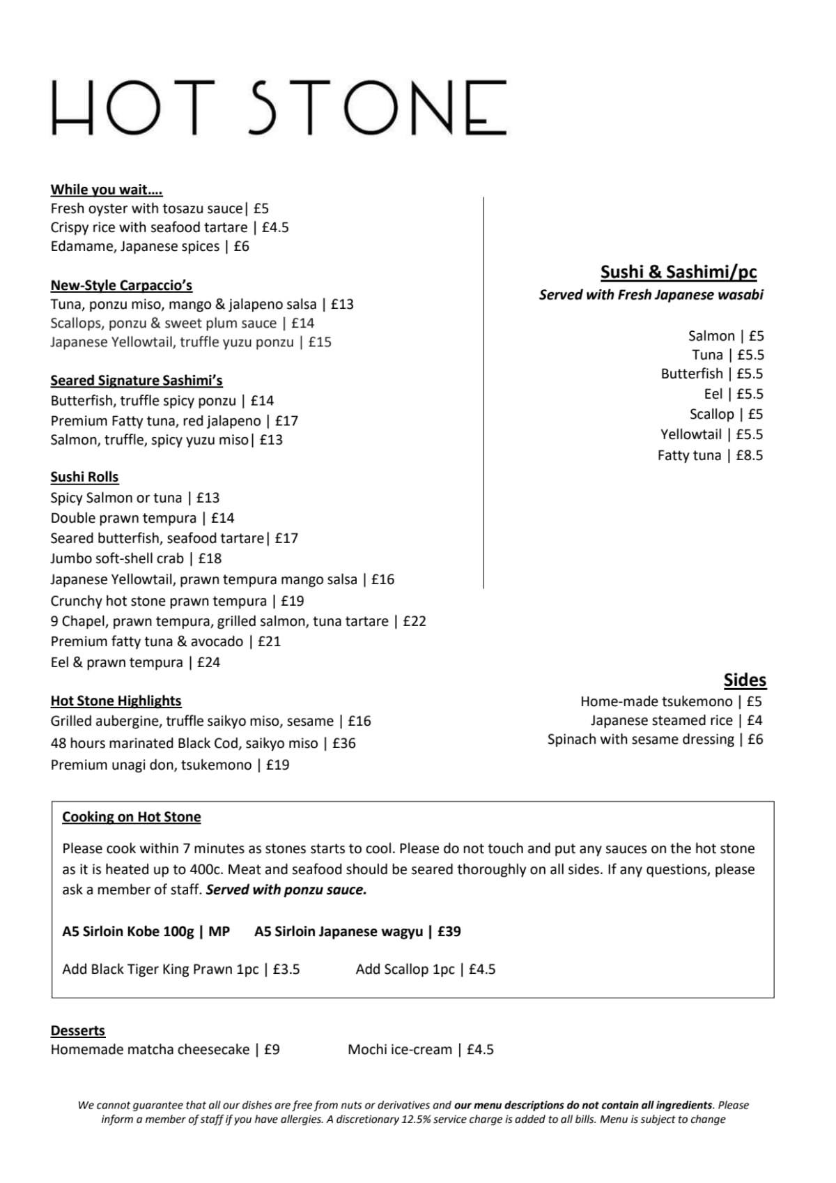 Carte et Menus 2024 - Hot Stone London à Londres | TheFork