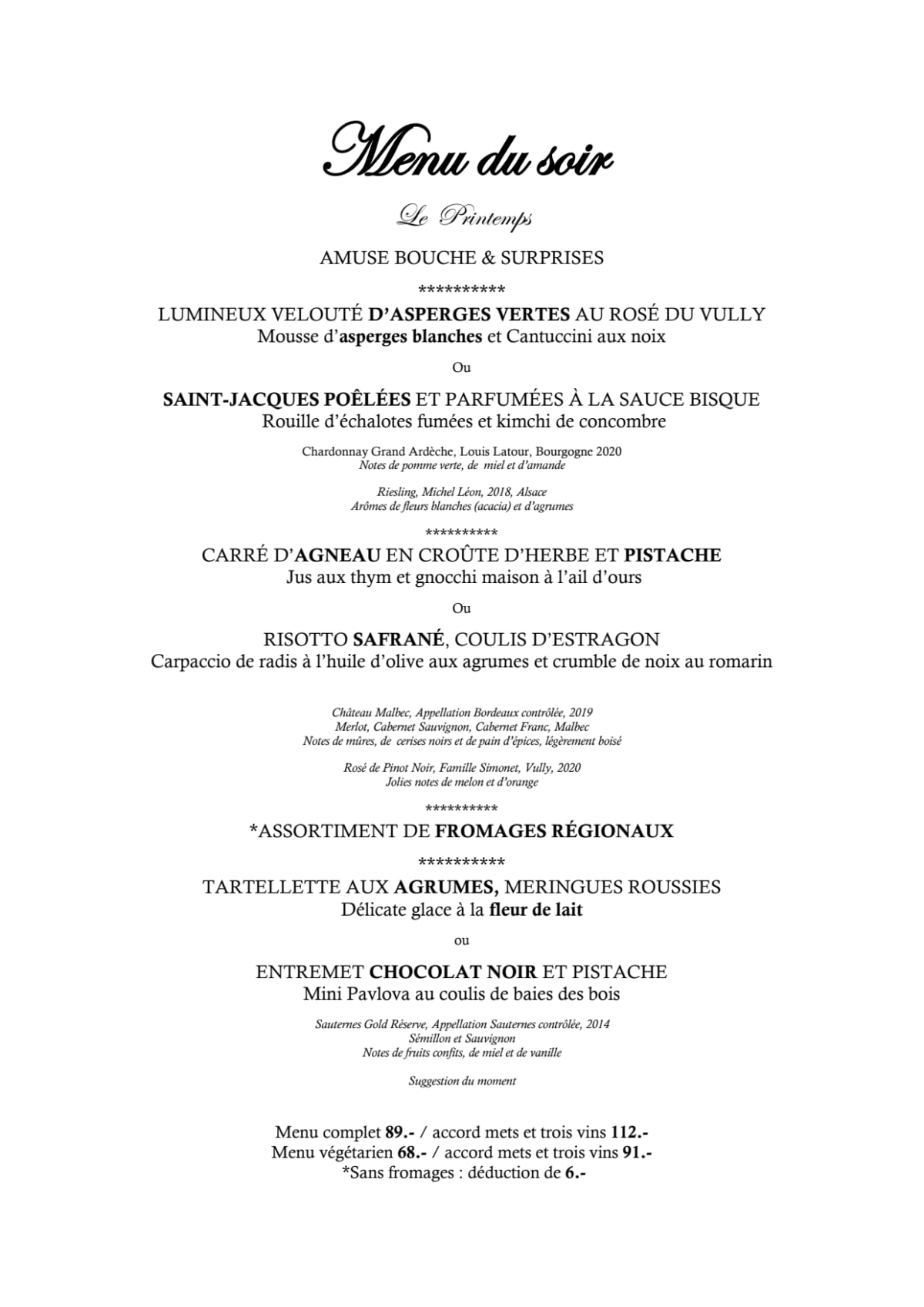 Carte et Menus 2023 - Restaurant le Belvédère à Fribourg | TheFork