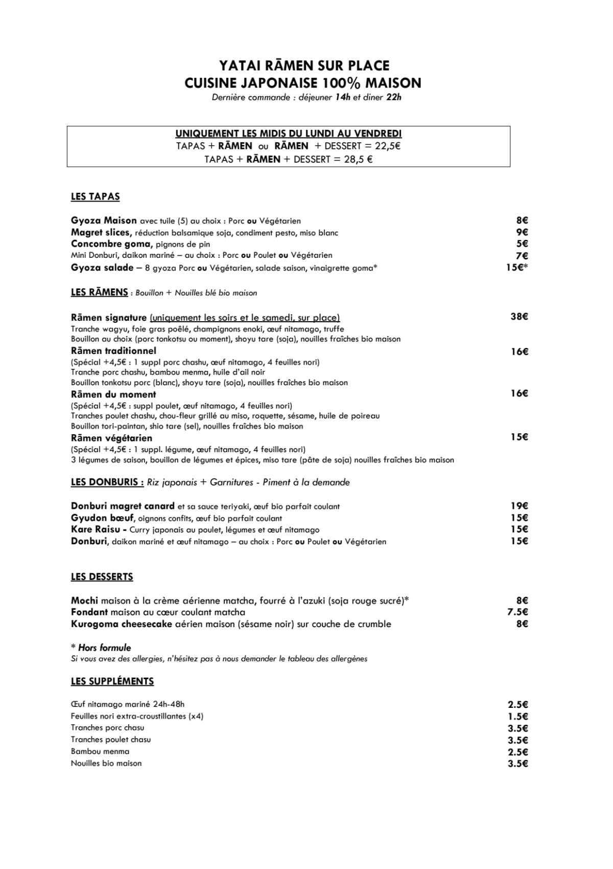 Carte et Menus 2024 - Yatai Ramen Saint Honore à Paris | TheFork