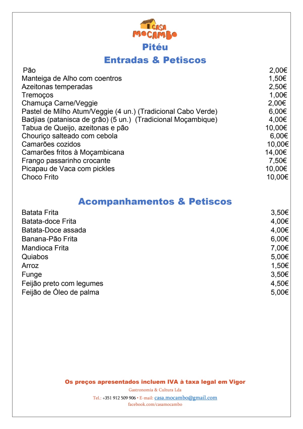 Menù completo e carta 2024 - Casa Mocambo a Lisbona | TheFork