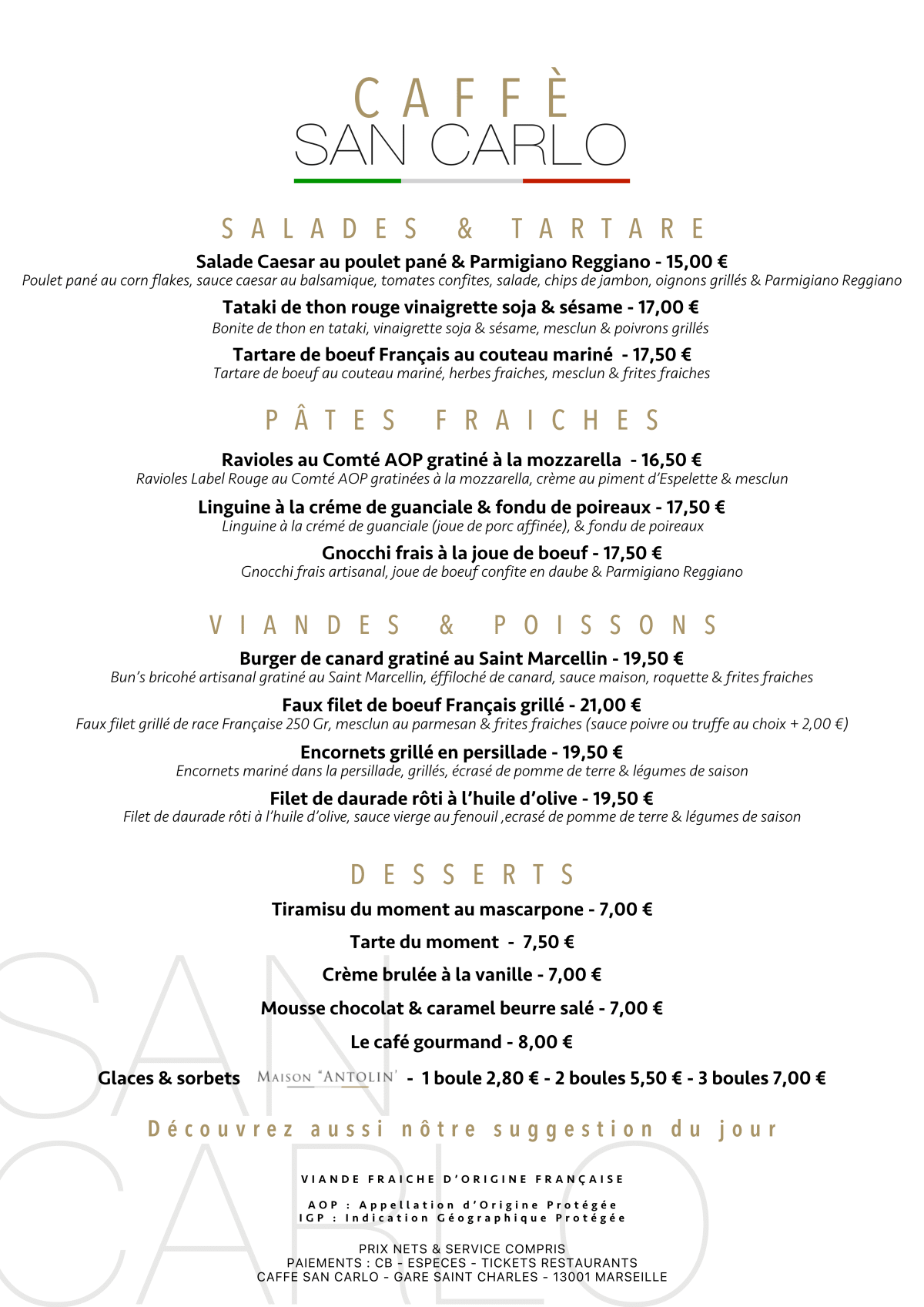Menù completo e carta 2024 - Caffé San Carlo a Marsiglia | TheFork