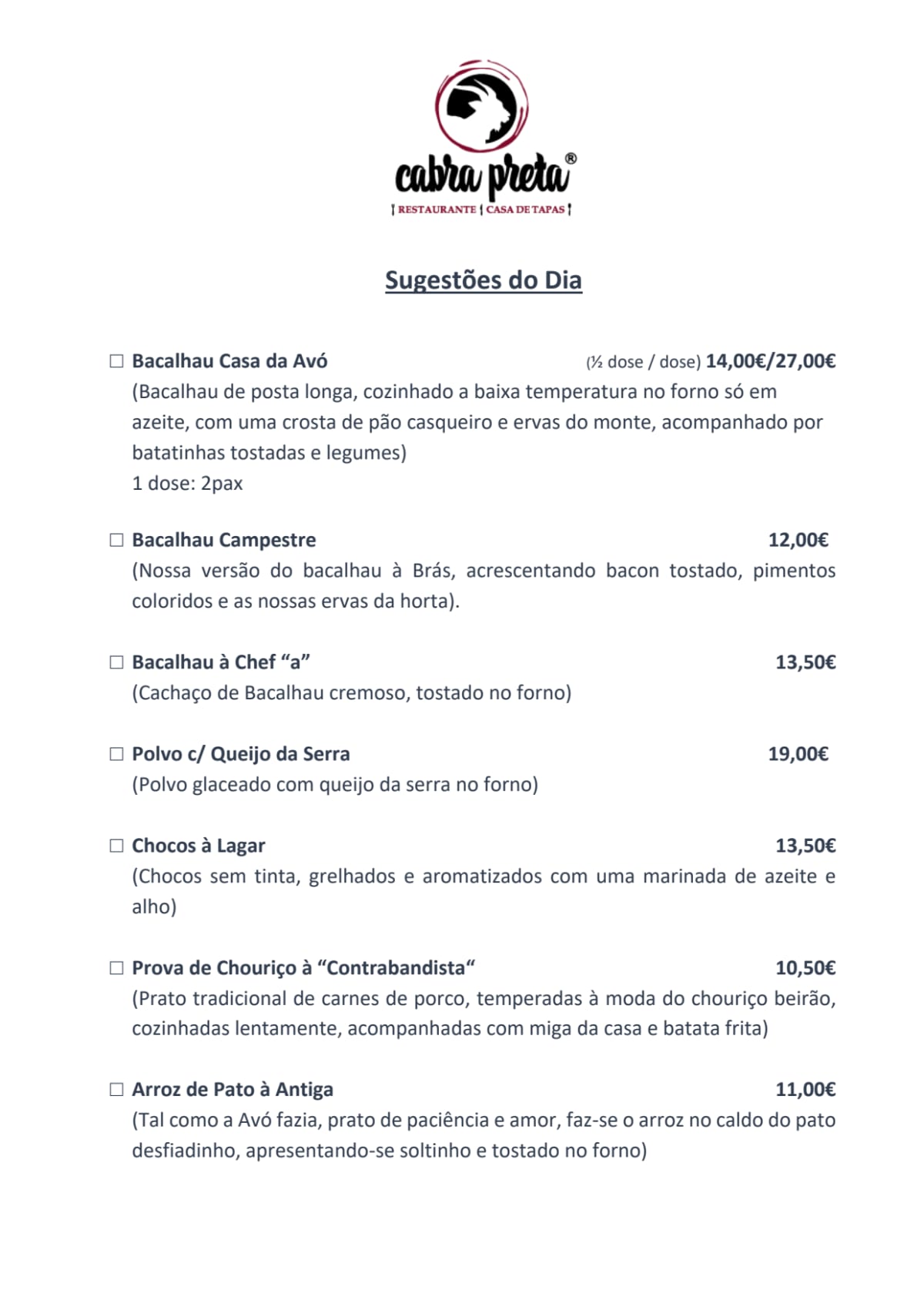 Carte et Menus 2024 - Cabra Preta à Castelo Branco | TheFork