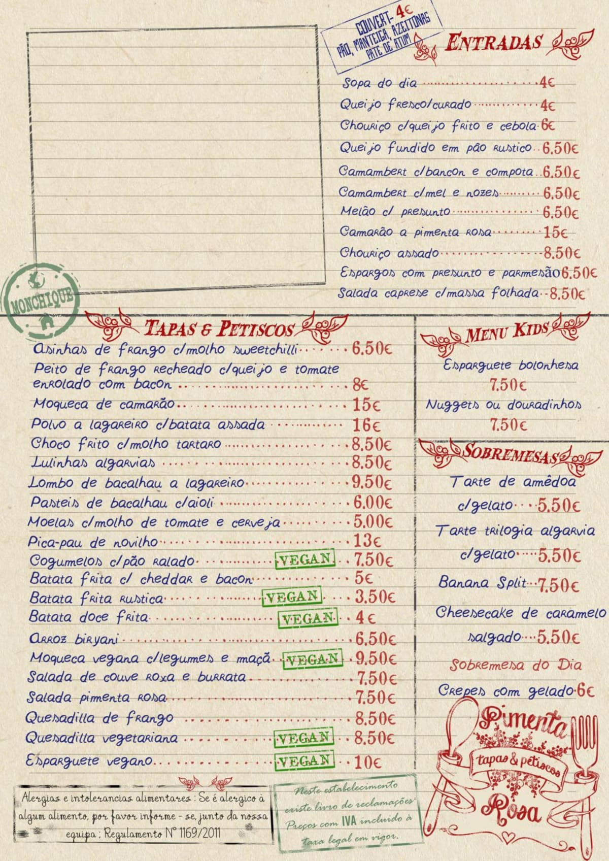 Carte et Menus 2024 - Pimenta Rosa à Alcaria do Banho | TheFork