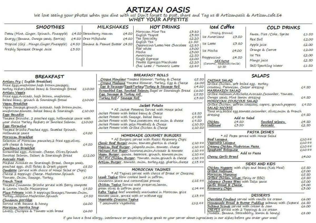 Carte et Menus 2024 - Artizan Oasis à Londres | TheFork