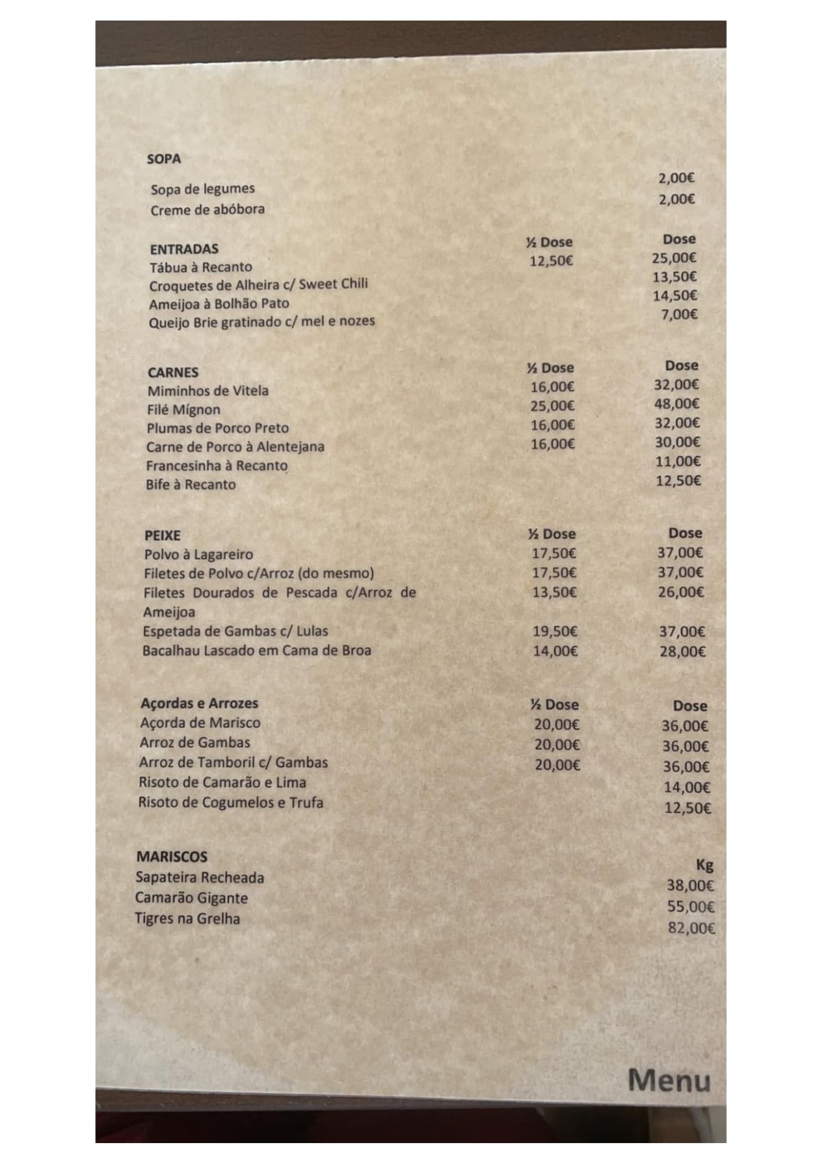 Carte et Menus 2024 - O Recanto da Villa à Espinho | TheFork