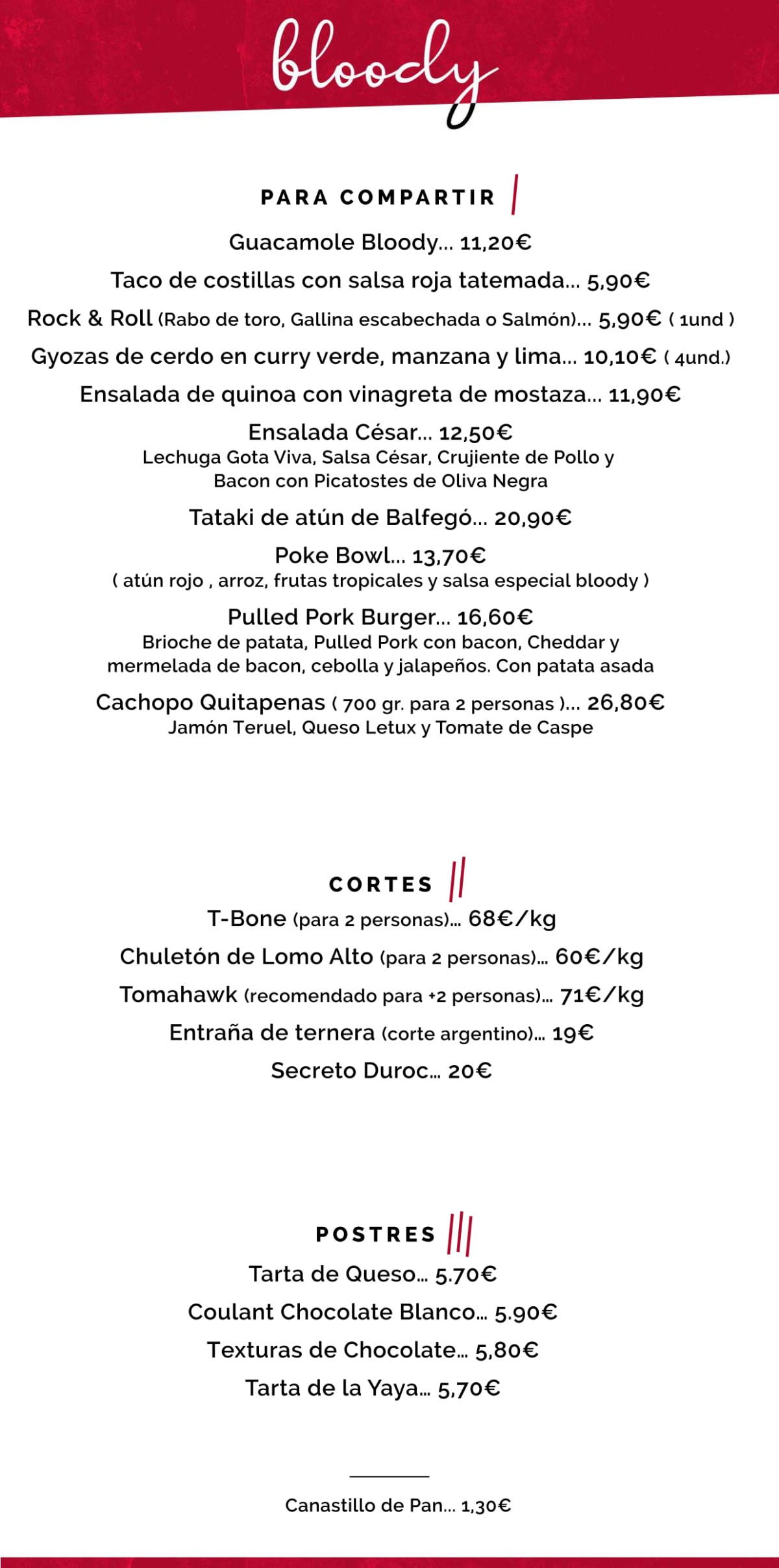 Carte et Menus 2024 - Bloody à Zaragoza | TheFork