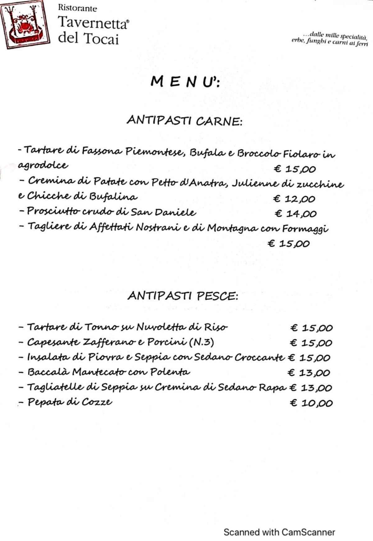 Menù completo e carta 2024 - Tavernetta del Tocai a Pradipozzo | TheFork