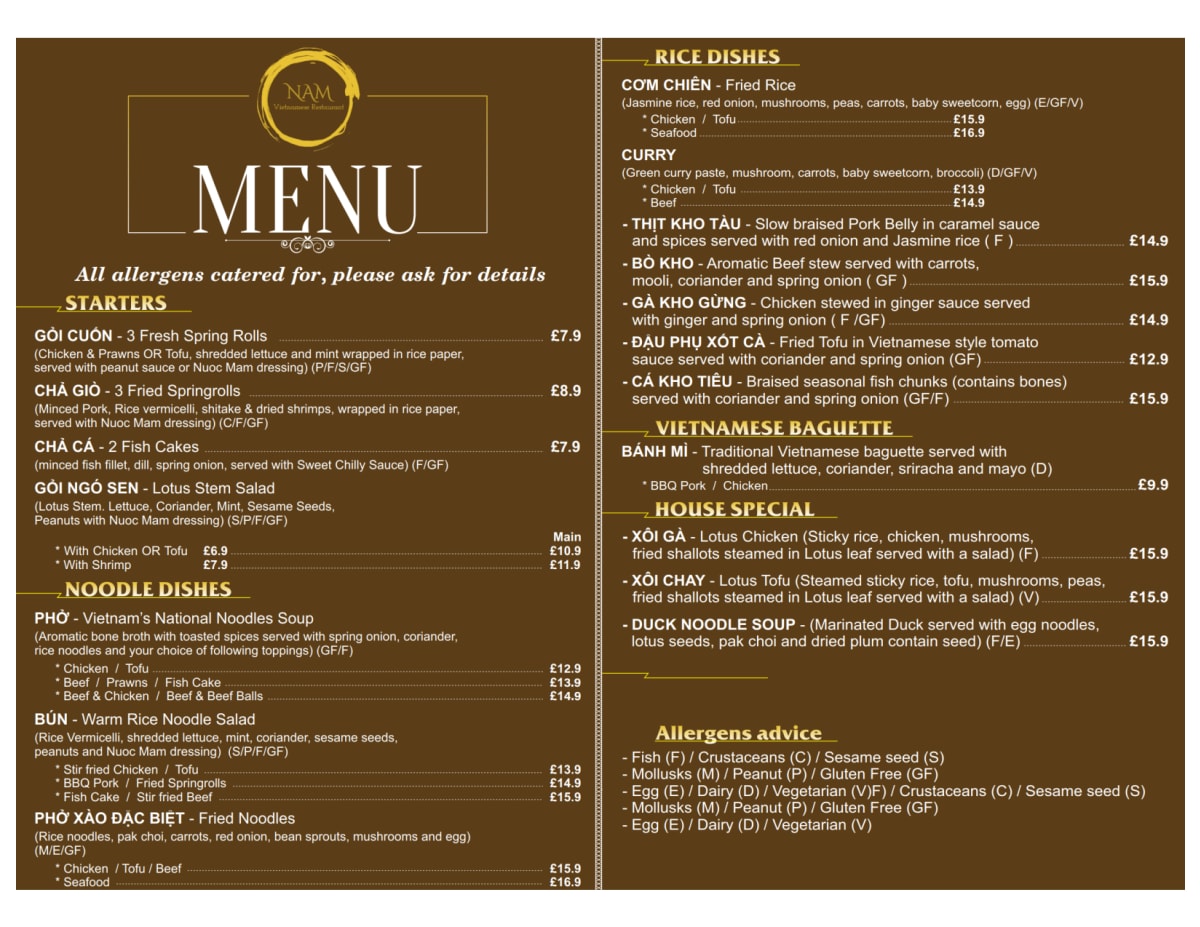 Menus 2024 - Nam Vietnamese Restaurant in Edinburgh | TheFork