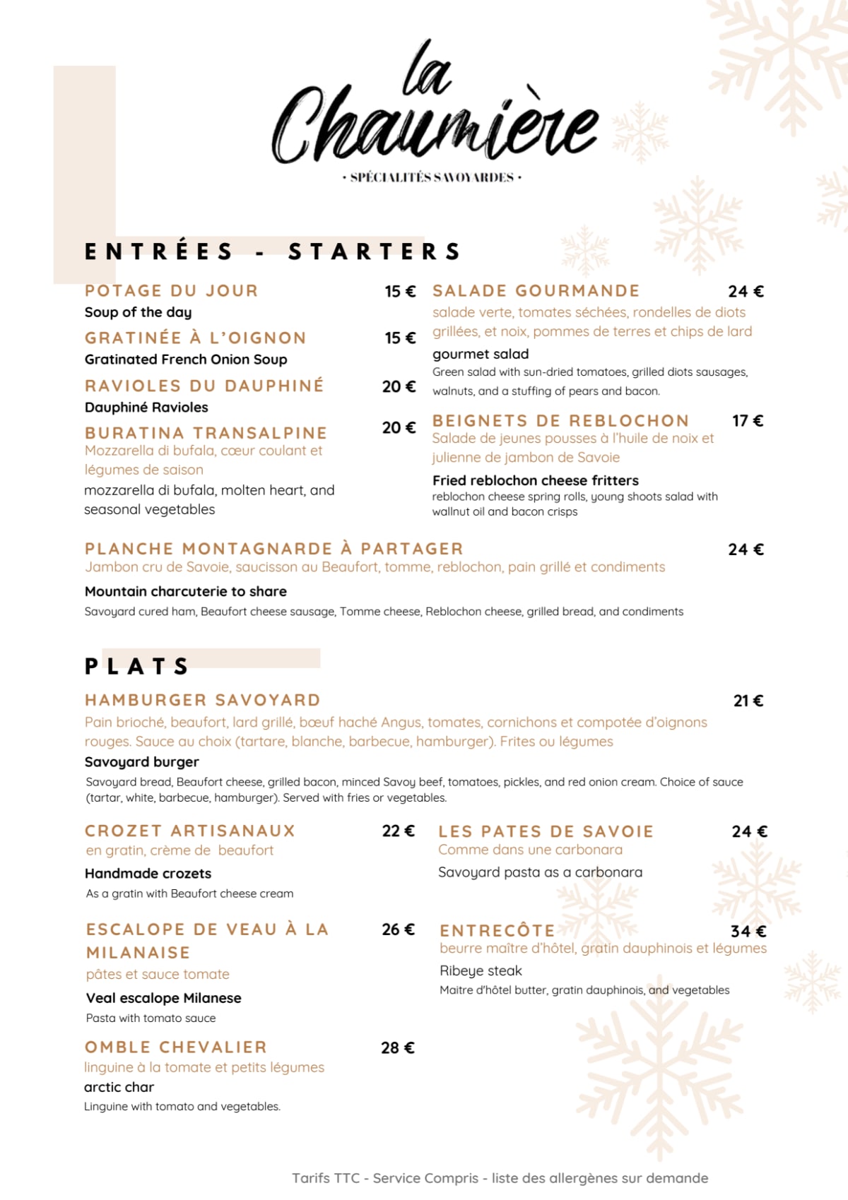 Carte et Menus 2024 - La Chaumière, Spécialités Savoyardes à Tignes ...
