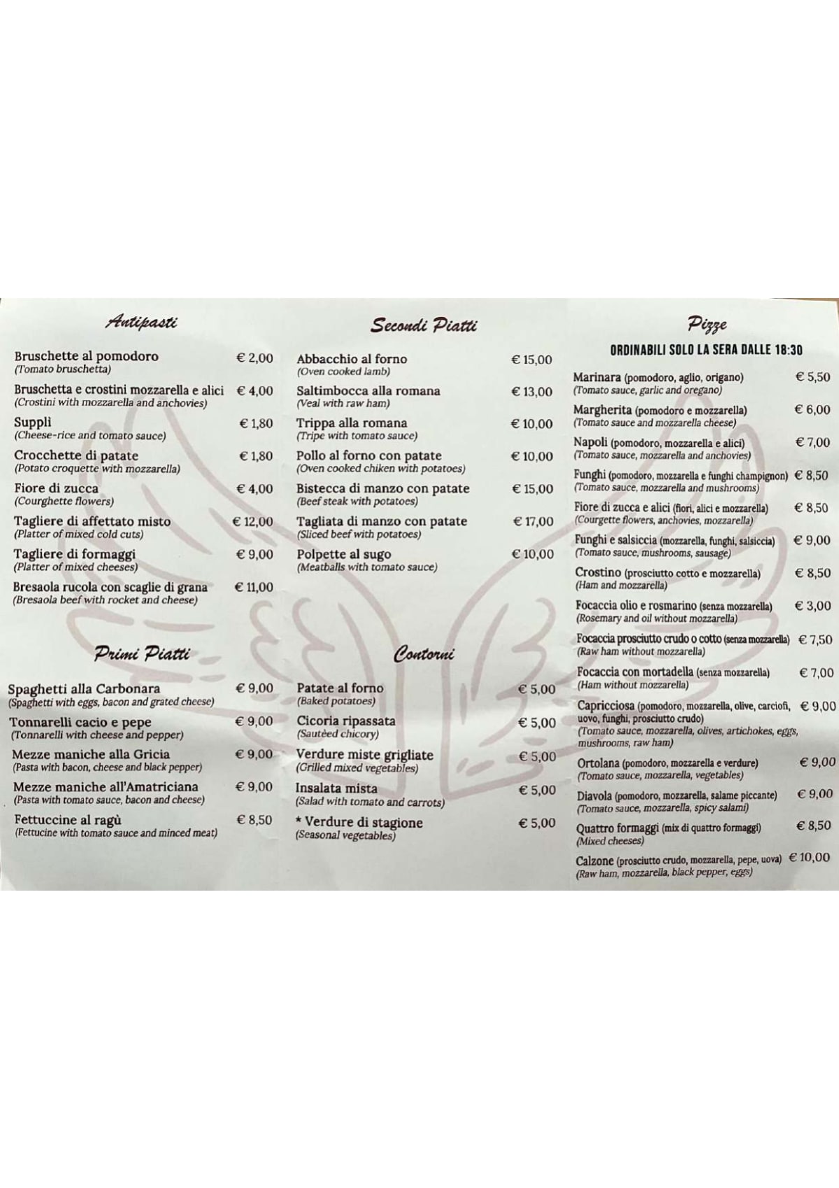 Carte et Menus 2024 - Trattoria Degli Angeli à Rome | TheFork