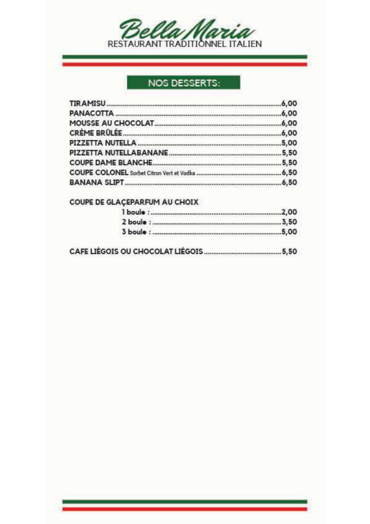 Menù completo e carta 2024 - Bella Maria a Fresnes | TheFork