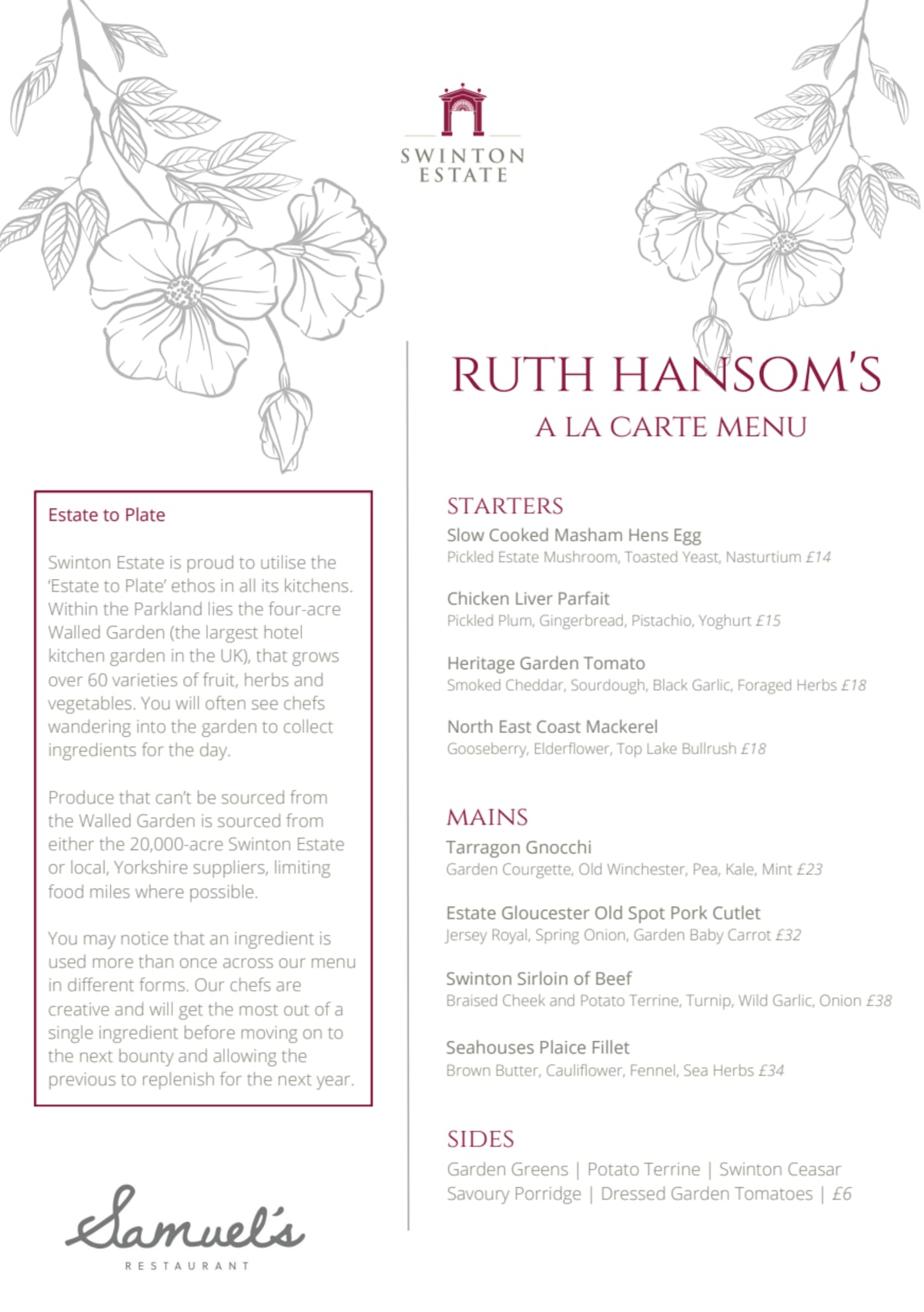 Menu 2024 - Samuel's at Swinton Park Hotel em Ripon | TheFork