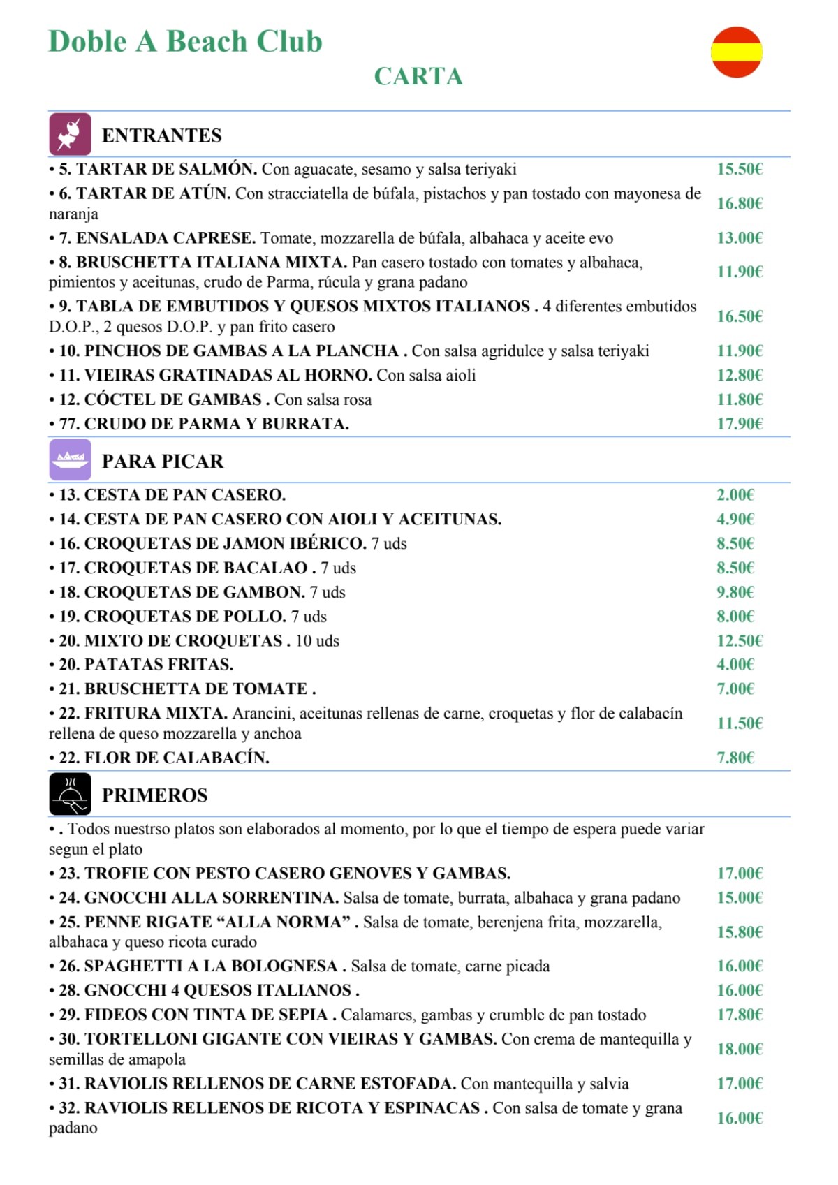Menu 2024 - Doble A beach club in Muro | TheFork