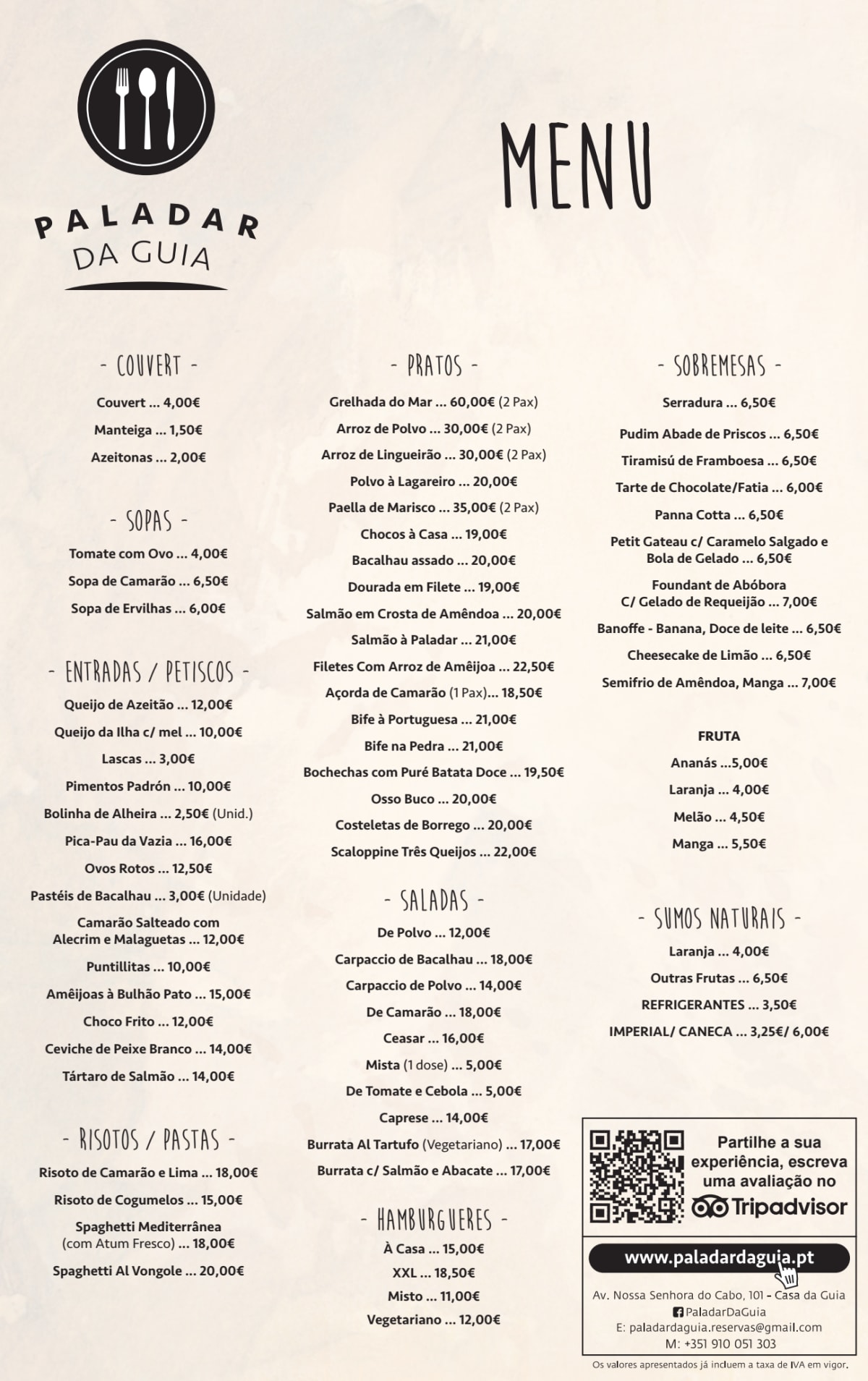 Carta y menù 2024 Actualizados - Paladar da Guia en Cascais | TheFork