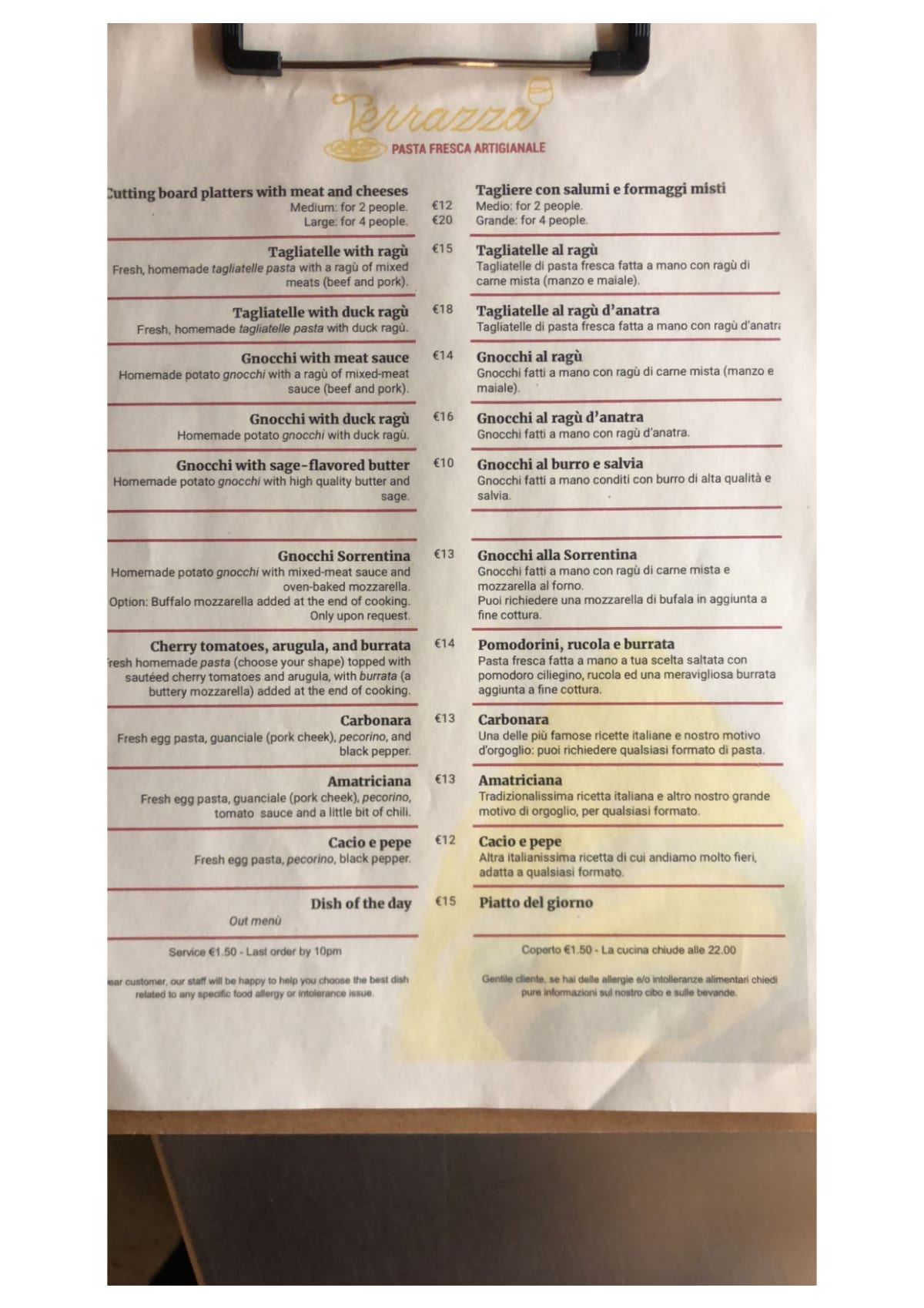 Menù completo e carta 2024 - La Terrazza - Pasta artigianale al ...