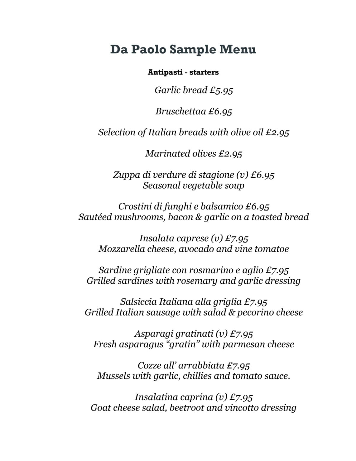 Menus 2024 - Da Paolo in London | TheFork